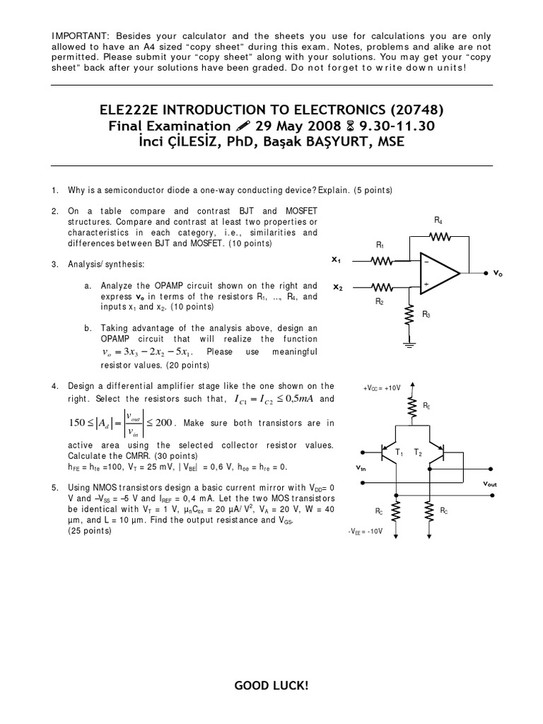 ELE222E 2008 Final | PDF | Bipolar Junction Transistor | Operational Amplifier
