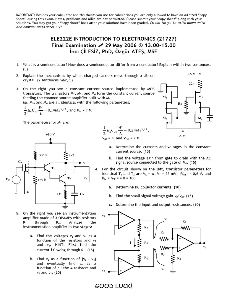 ELE222E 2006 Final | PDF | Field Effect Transistor | Amplifier