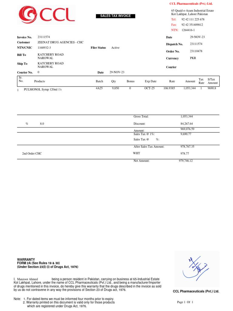 CCL Invoice Manzoor WHT 291123-14 | PDF | Public Finance | Money
