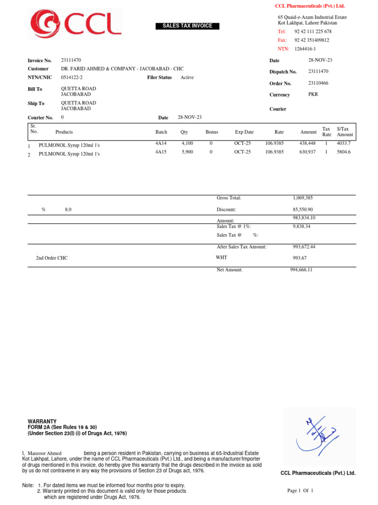 CCL Invoice Manzoor WHT 291123-4 | PDF | Trade | Public Finance