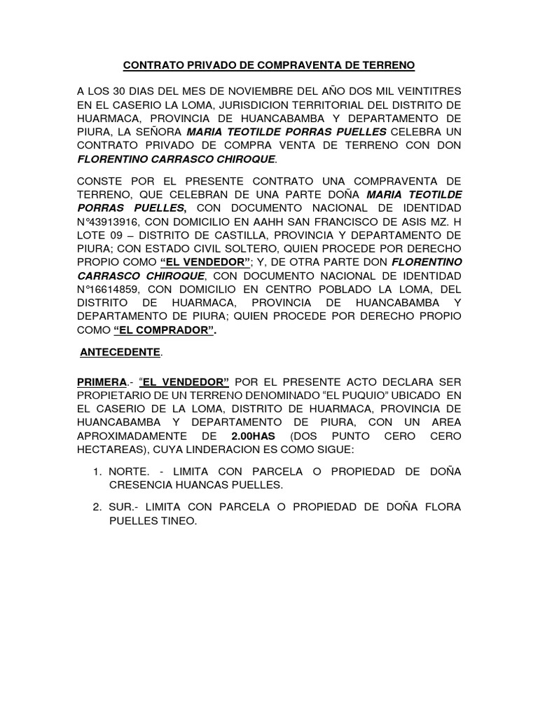 CONTRATO DE COMPRA VENTA DE TERRENO SEÑOR ERECIO 2023 | PDF ...