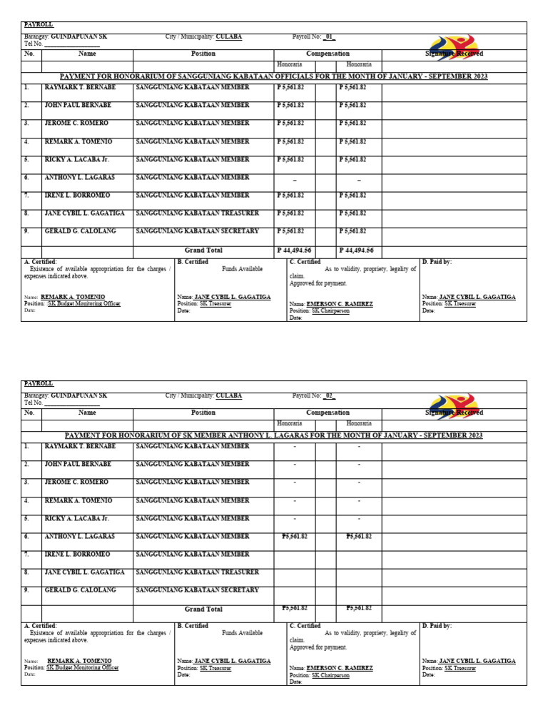 SK Payroll Jan-Sept | PDF | Services (Economics) | Income