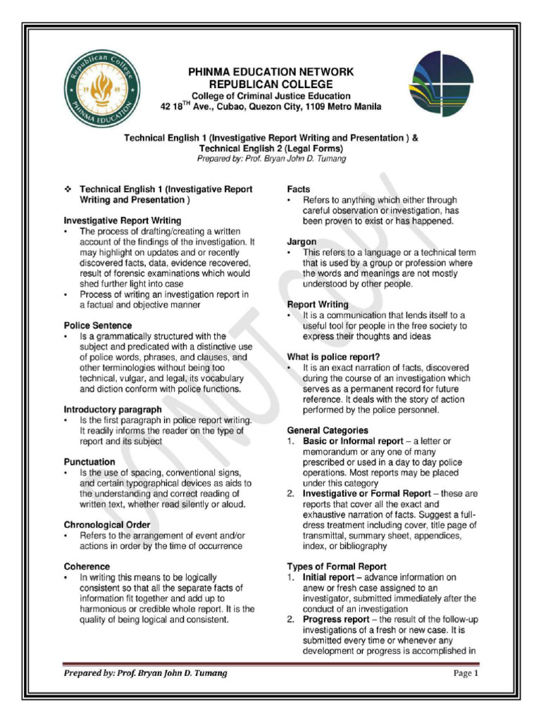 Technical English 1 (Investigative Report Writing and Presentation) and ...