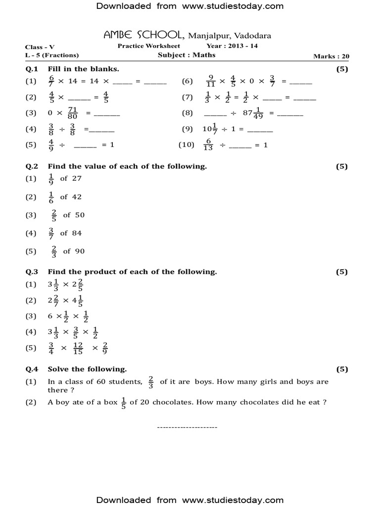 Class 5 Fractions Practice Worksheet | PDF | Mathematics
