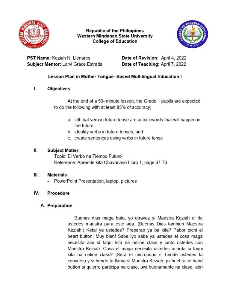 Revised Lesson Plan in MTB - VERBO NA TIEMPO FUTURO - Llenares | PDF