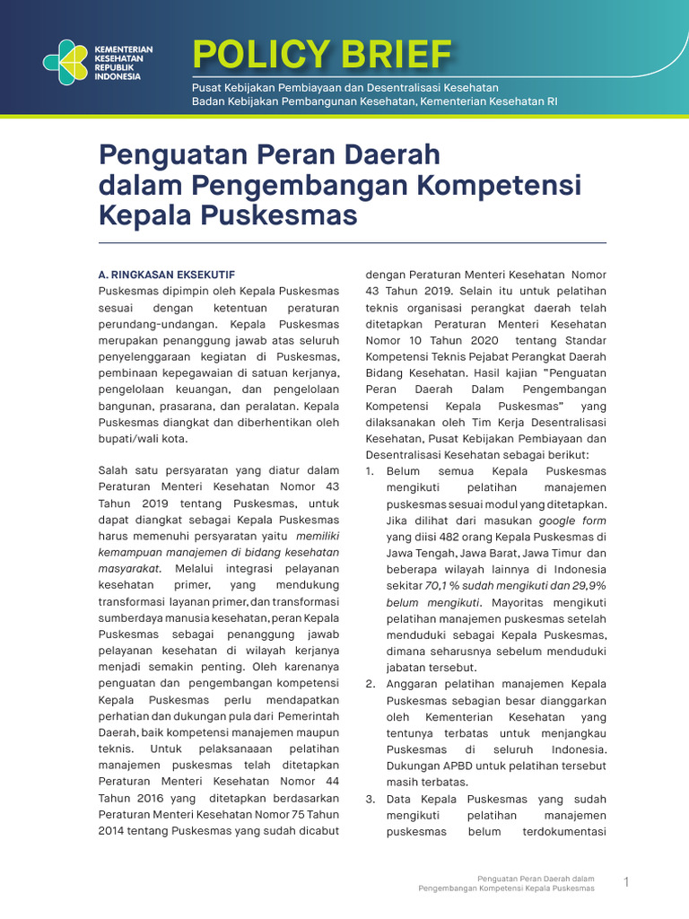 Policy Brief - Pengembangan Kompetensi Kepala Puskesmas - PUSJAK PDK-SDM Kes | PDF
