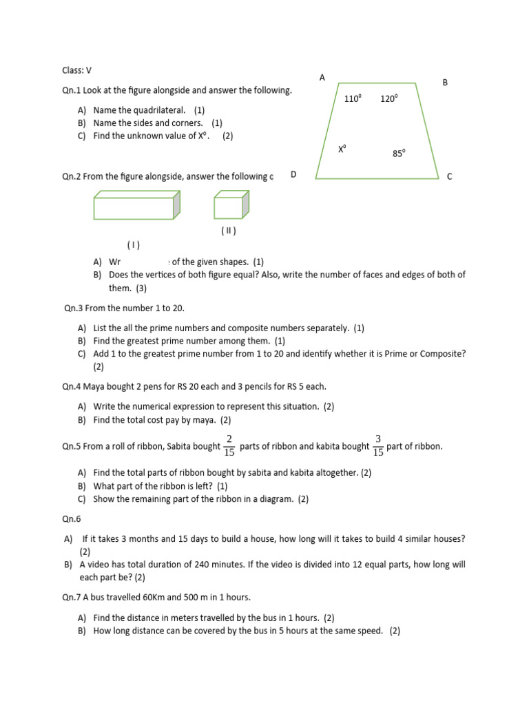 Class V Math Questions and Solutions | PDF | Teaching Methods & Materials