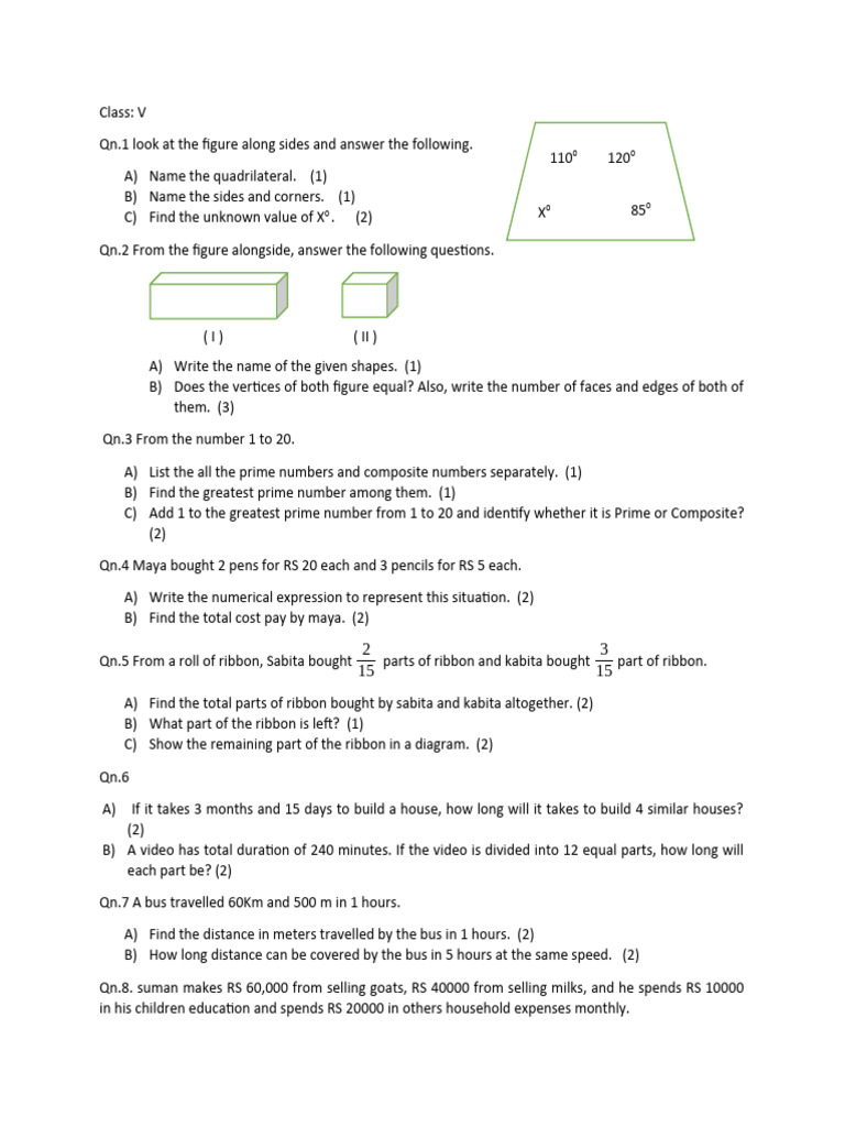 Class Five Second Formative Math Deepika School | PDF | Teaching ...