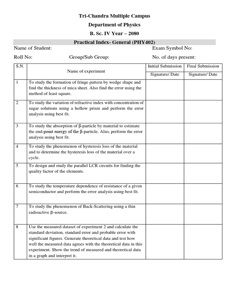 B.Sc. Physics Practical Index 2080 | PDF | Electricity | Physical Sciences