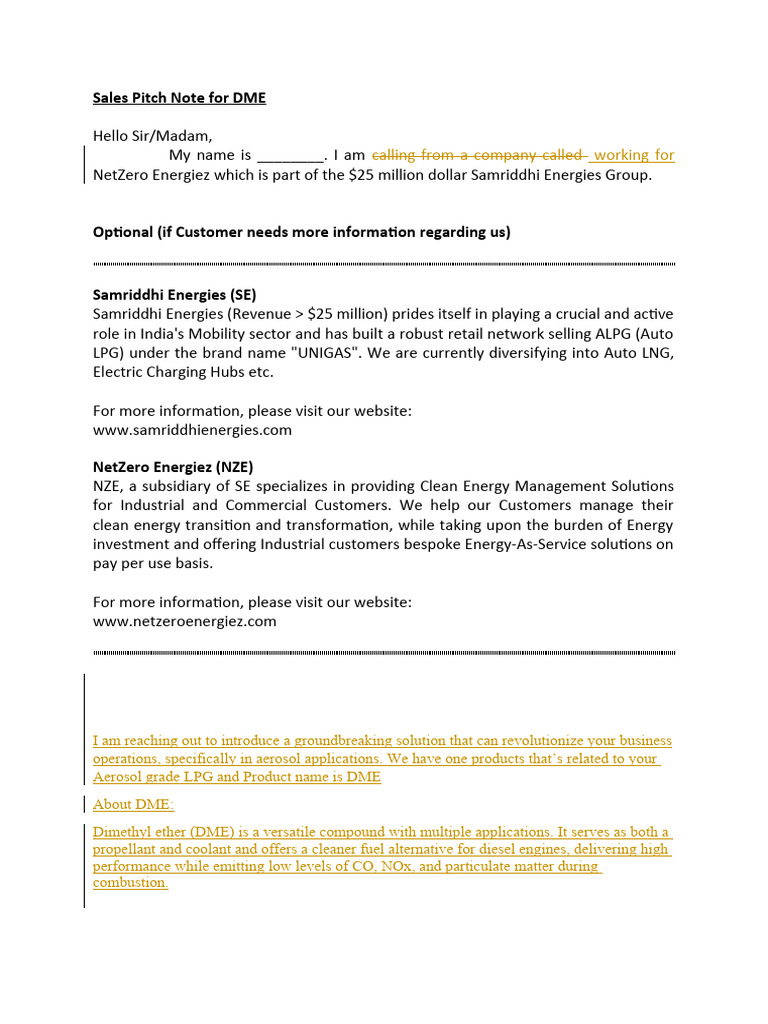 DME Sales Pitch Note For Aerosol Customers | PDF | Fuels | Sustainable Technologies
