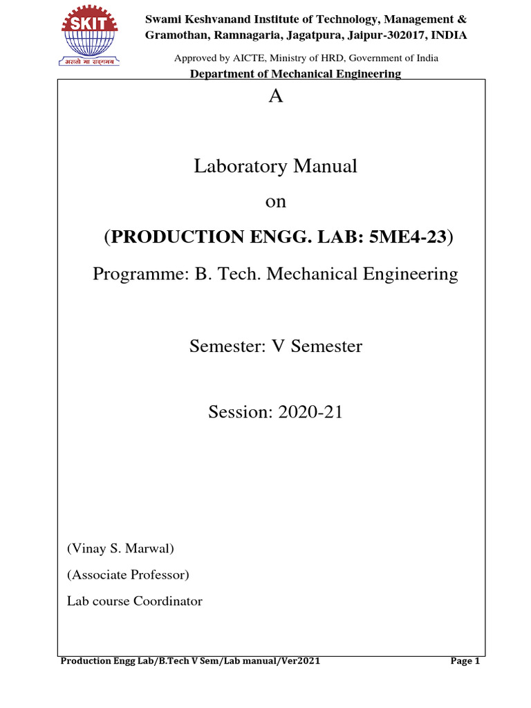PE Lab Manual VSM NEW | PDF | Gear | Experiment