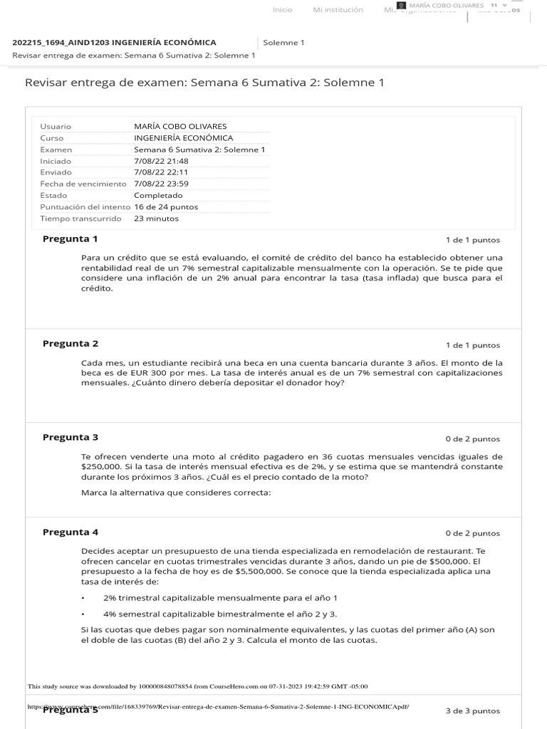 Revisar Entrega de Examen Semana 6 Sumativa 2 Solemne 1 ING ECONOMICA PDF | PDF | Bancos | Crédito