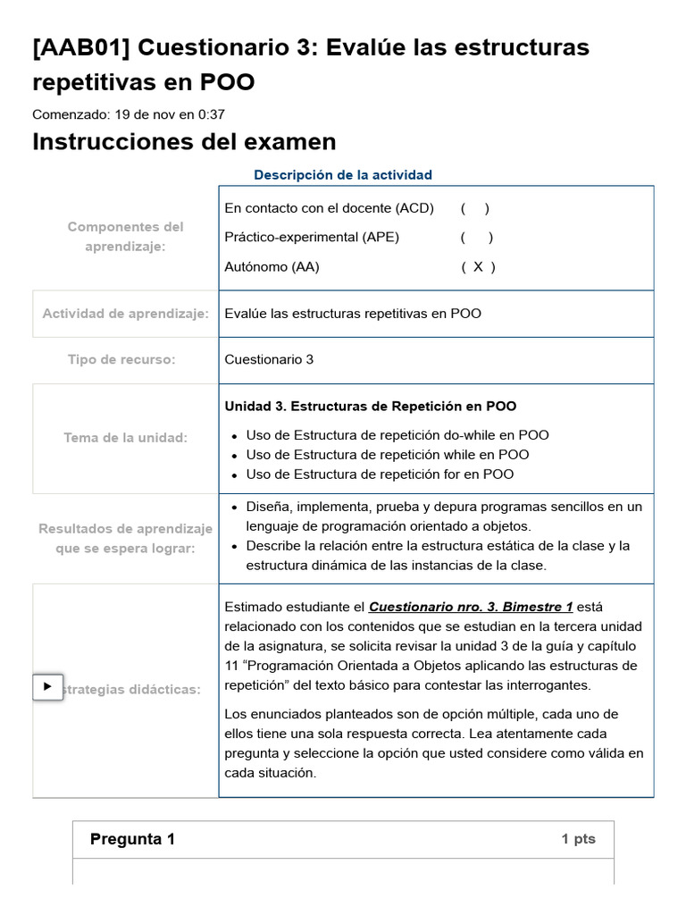 Examen_ [AAB01] Cuestionario 3_ Evalúe las estructuras repetitivas en POO | PDF | Programación ...