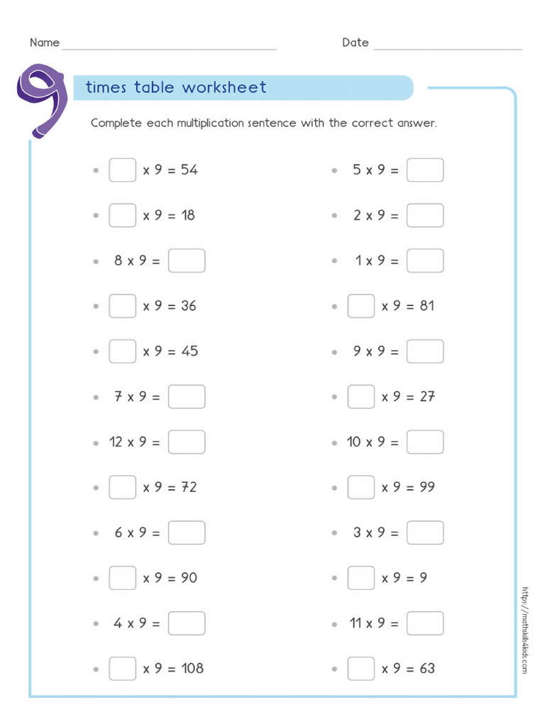 9 Times Table Practice - Challenge Worksheet - 987gt | PDF