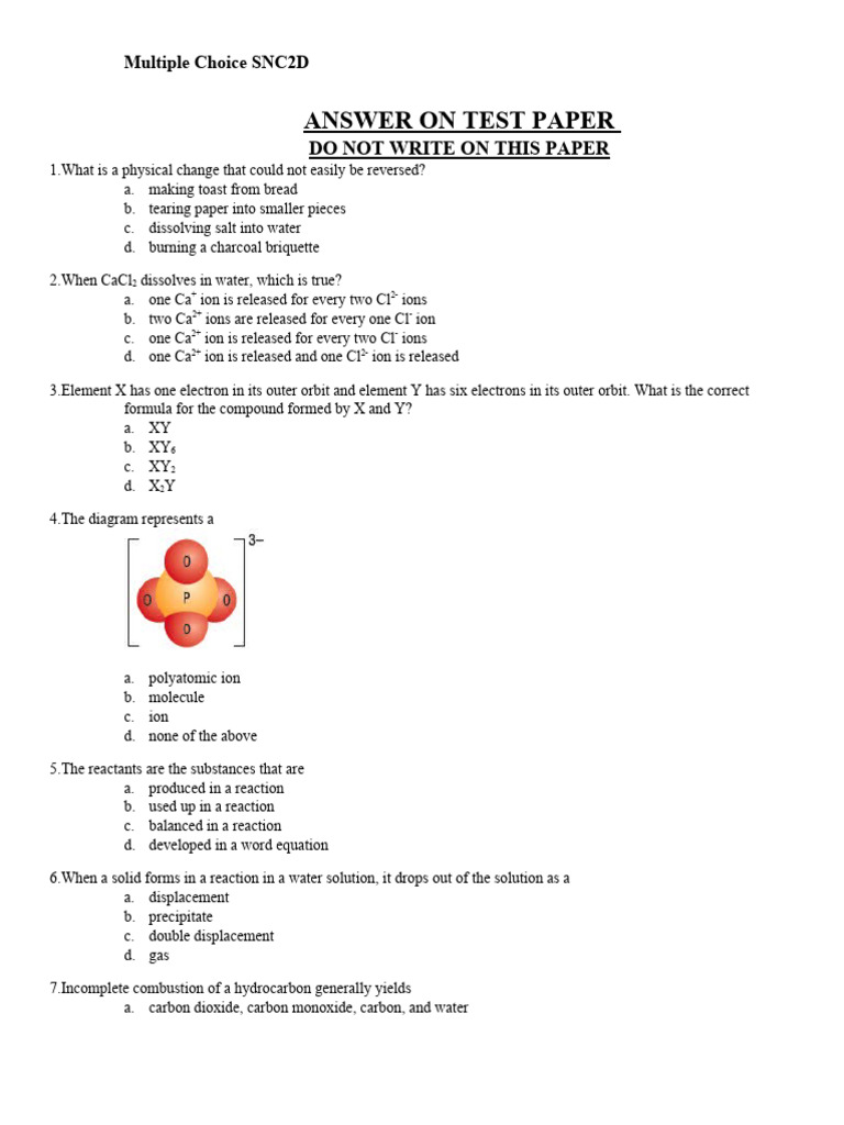 SNC2D Multiple Choice Q and A | PDF | Chemical Compounds | Ion