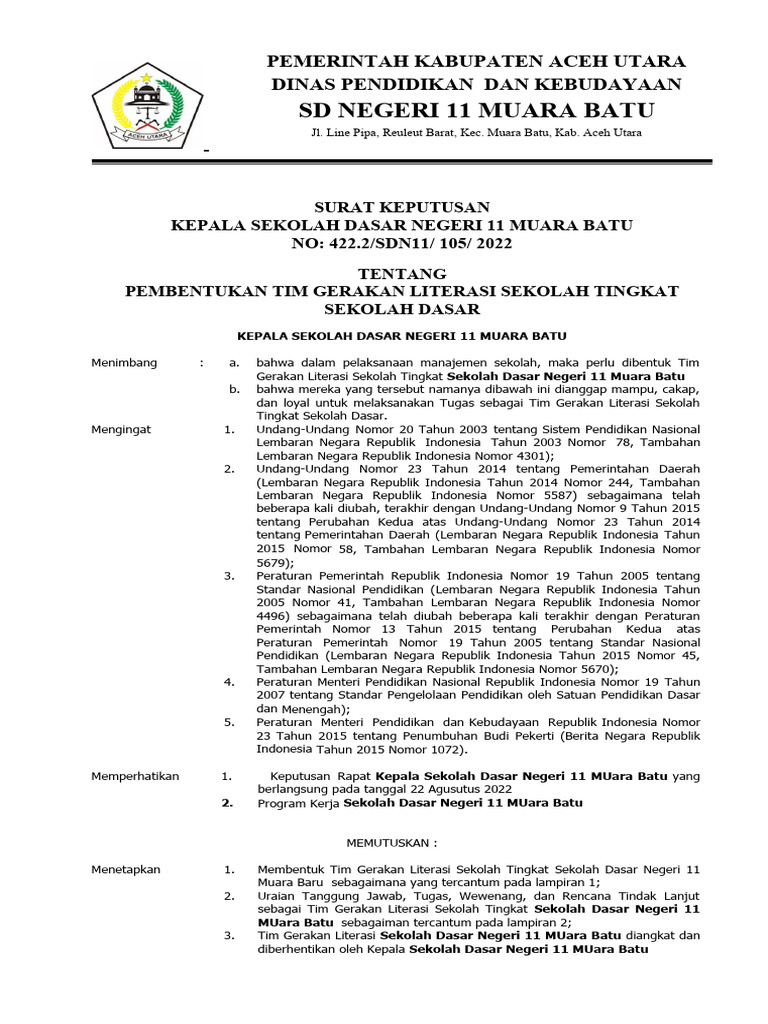 SK Penetapan Tim PPK, Literasi, Uks | PDF