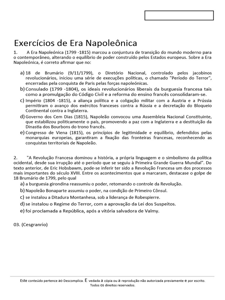 Exercícios de Era Napoleônica | PDF | Napoleão | Primeiro Império Francês Exercícios de Era Napoleônica | PDF | Napoleão | Primeiro Império Francês
