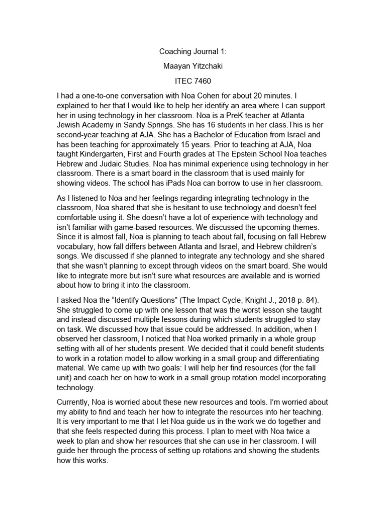 Coaching Journal 1 | PDF | Classroom | Cognition