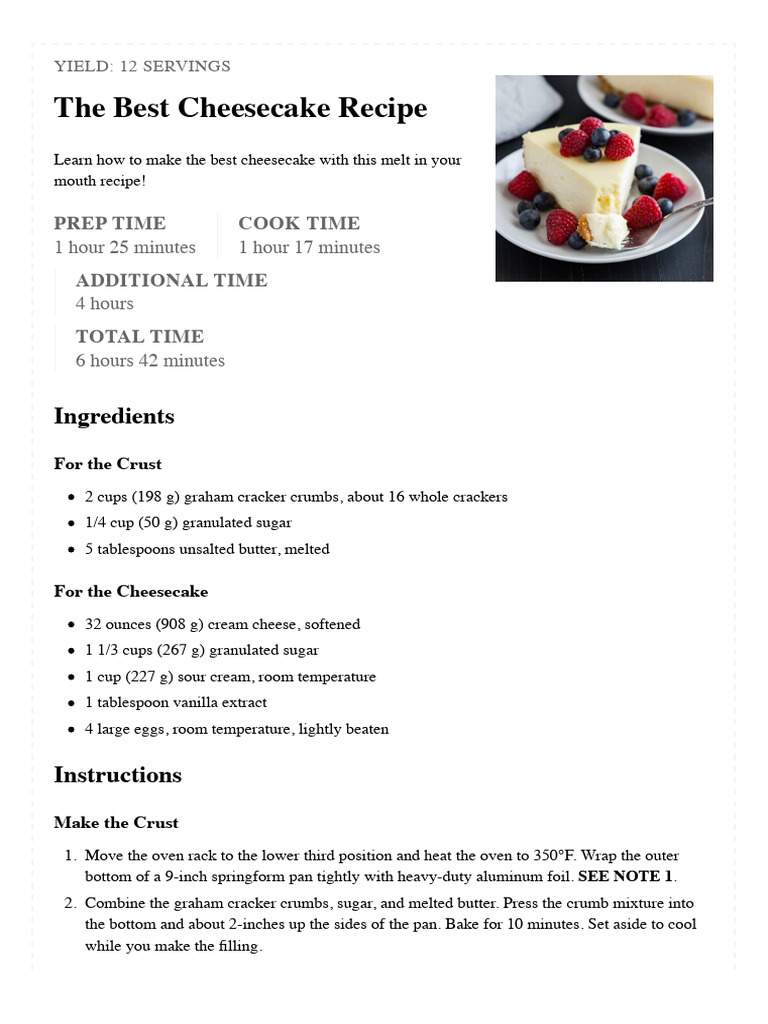 The Best Cheesecake Recipe | PDF | Fat | Nutrition Facts Label