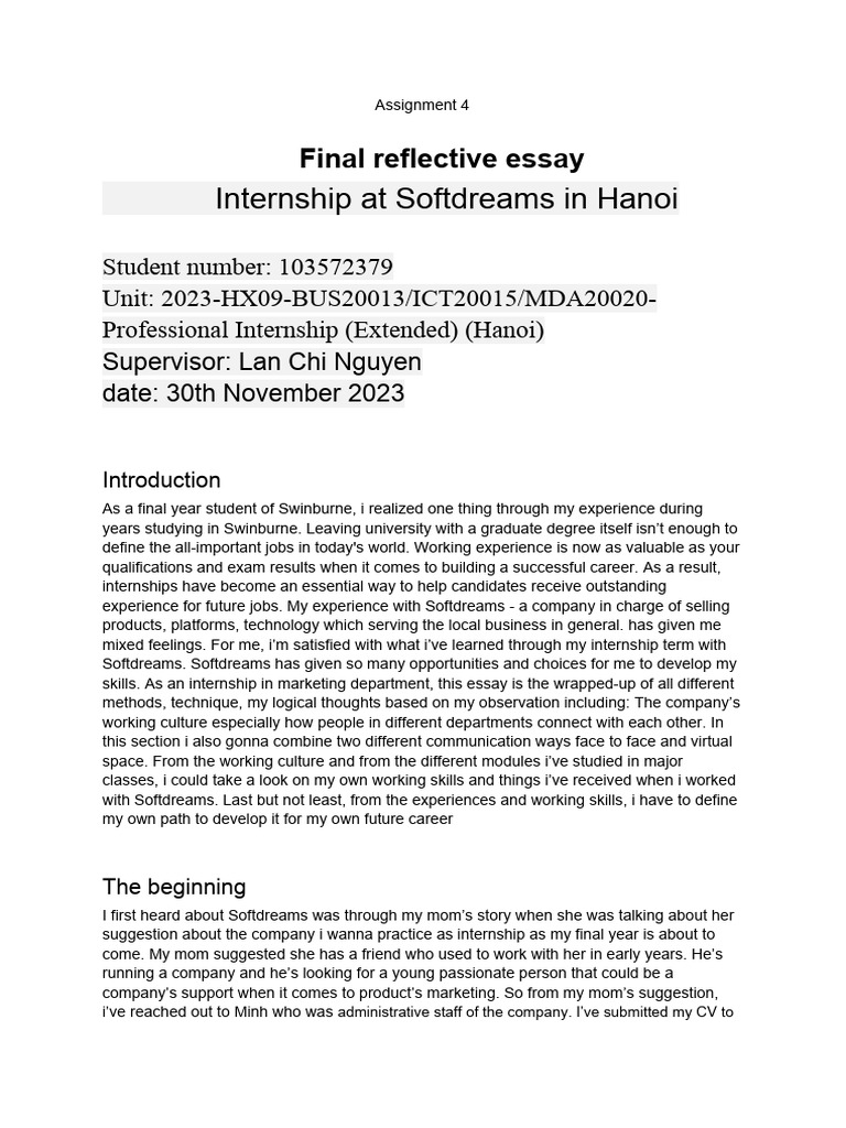 Reflective Essay on Softdreams Internship | PDF | Learning | Creativity