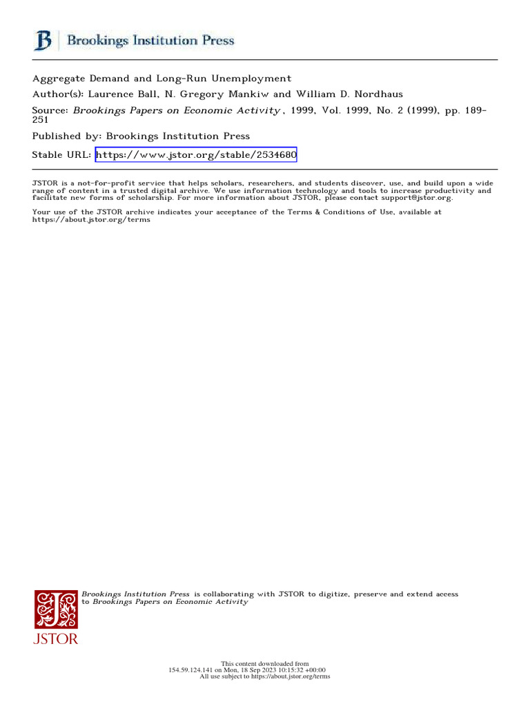 Ball, L., Mankiw, G., y Nordhaus, W. (1999) - Aggregate Demand and Long-Run Unemployment ...