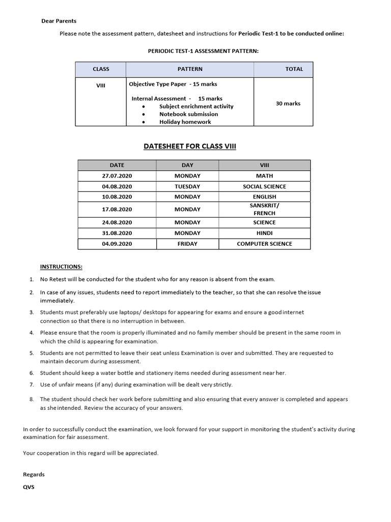 Periodic Test Datesheet | PDF