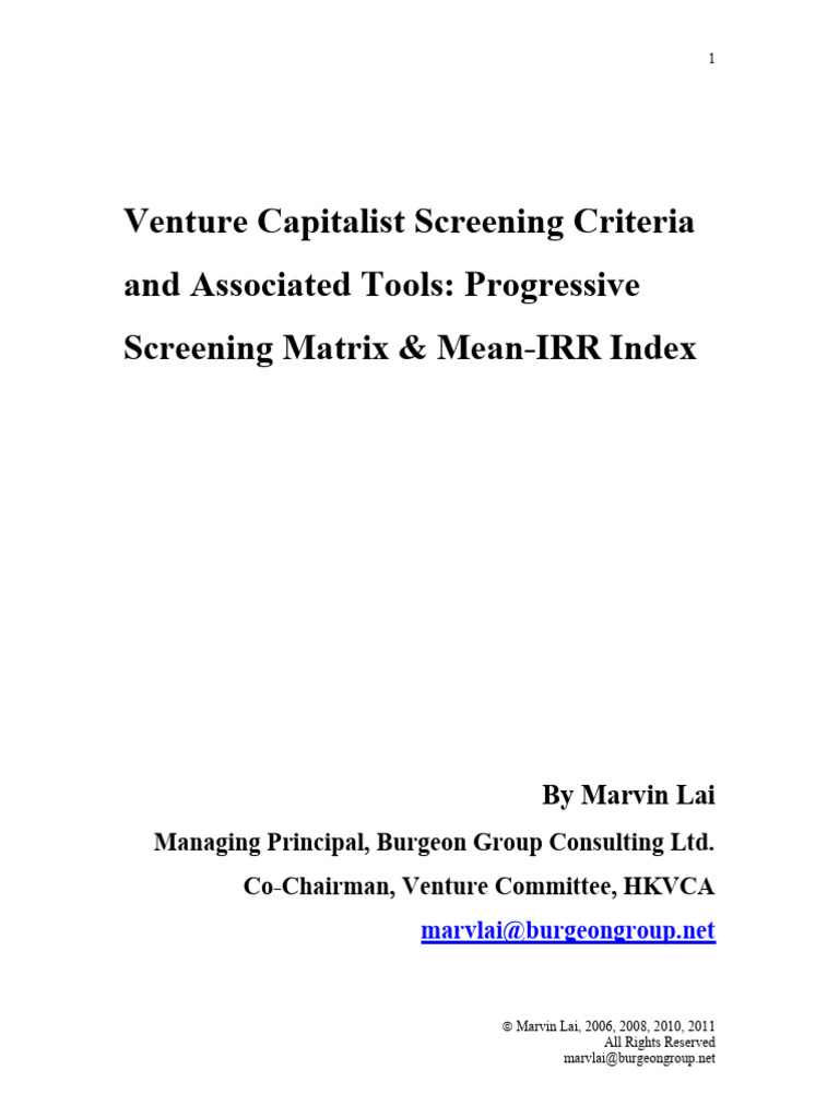 Zs VC - Screening - Criteria - and - Its - Tools - 2011 | PDF | Venture Capital | Corporate Finance