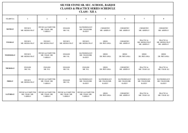 Classes & Practice Series Schedule Xii A | PDF