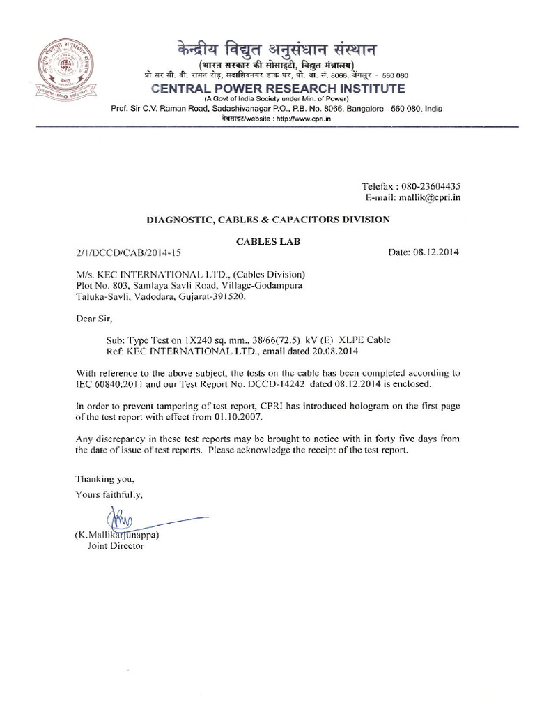 CPRI-TYPE-TEST-1X240-sq-mm-38-66 (72 5) - K-V - (E) - XLPE-Cable | PDF