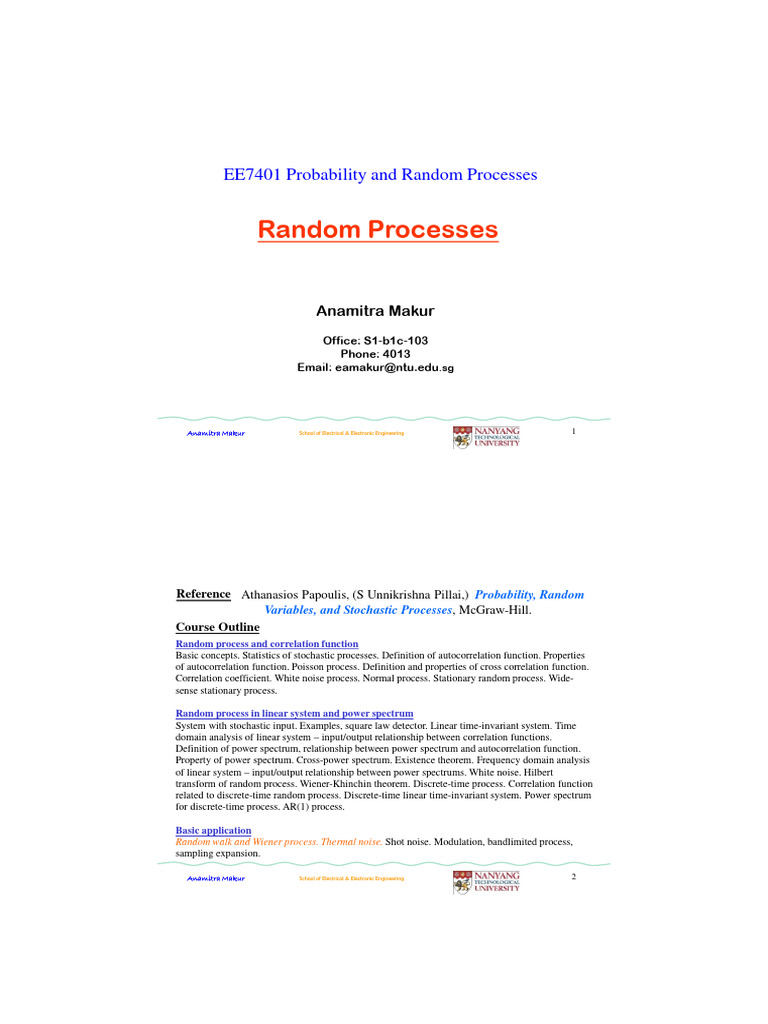 EE7401 Probability and Random Processes | PDF | Stochastic Process | Spectral Density
