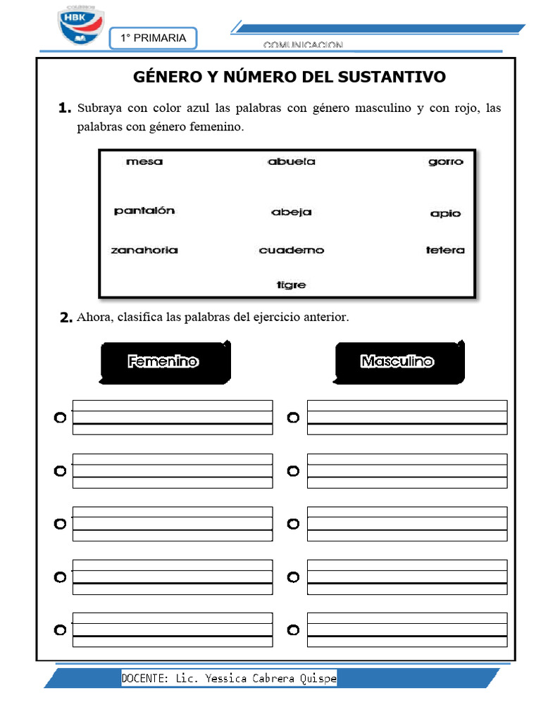 Ejercicios de género y número en 1° primaria | PDF