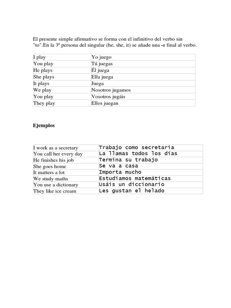 3ra Persona Presente Simple Pdf Gramática Lenguas De Europa