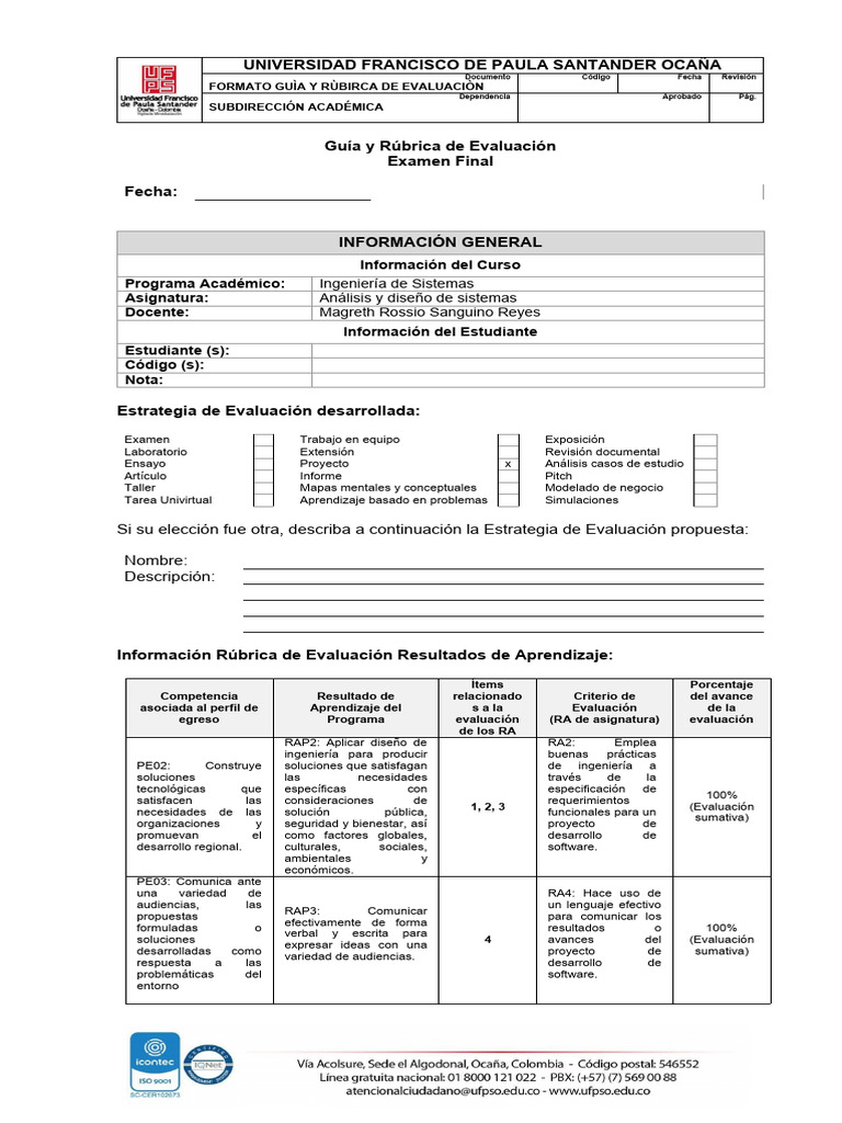 GuÃ A y RÃºbrica de EvaluaciÃ N ExamenFinal - AnÃ¡lisis y Diseã o 2 | PDF | Software | Evaluación