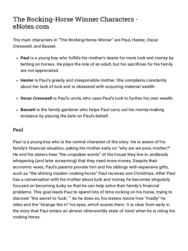The Rocking-Horse Winner Characters | PDF