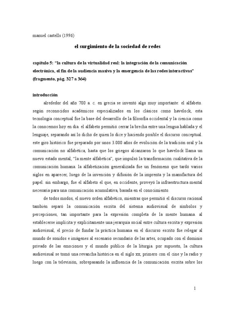 Castells, Manuel. El Surgimiento de La Sociedad de Redes | PDF | Medios ...
