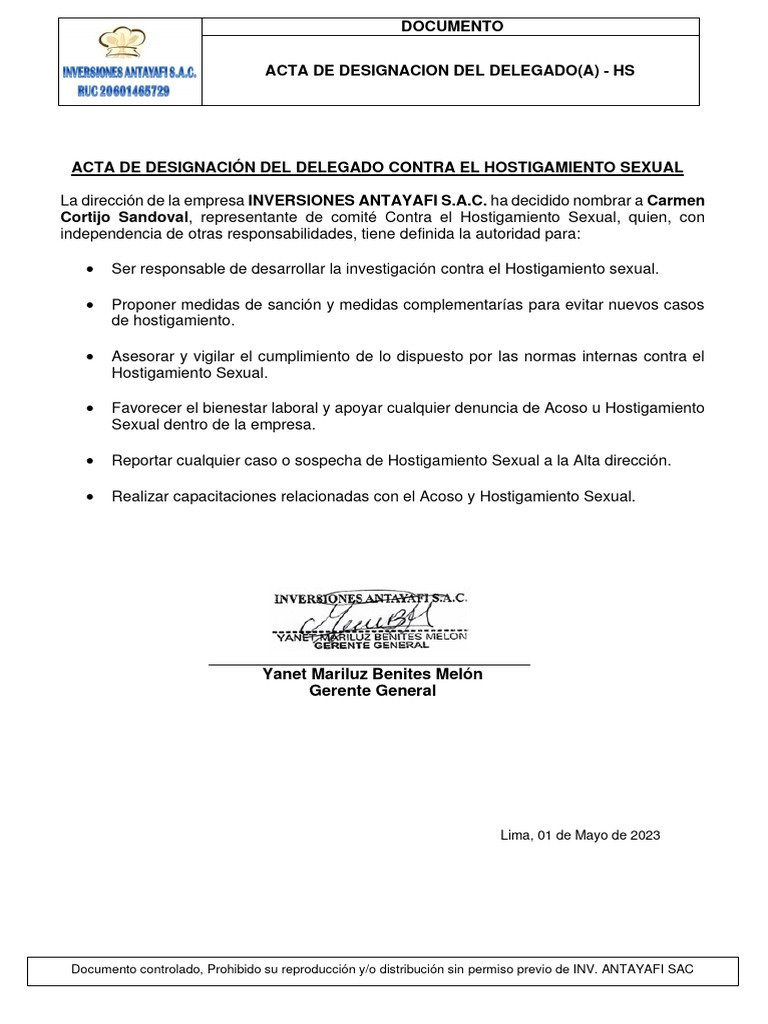 Acta de Designacion de Delegado (A) Contra El Hostigamiento Sexual | PDF Acta de Designacion de Delegado (A) Contra El Hostigamiento Sexual | PDF