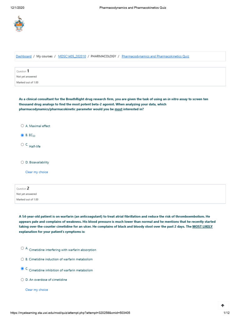 Pharmacodynamics and Pharmacokinetics Quiz 14 - 20 | PDF | Pharmacokinetics | Bioavailability