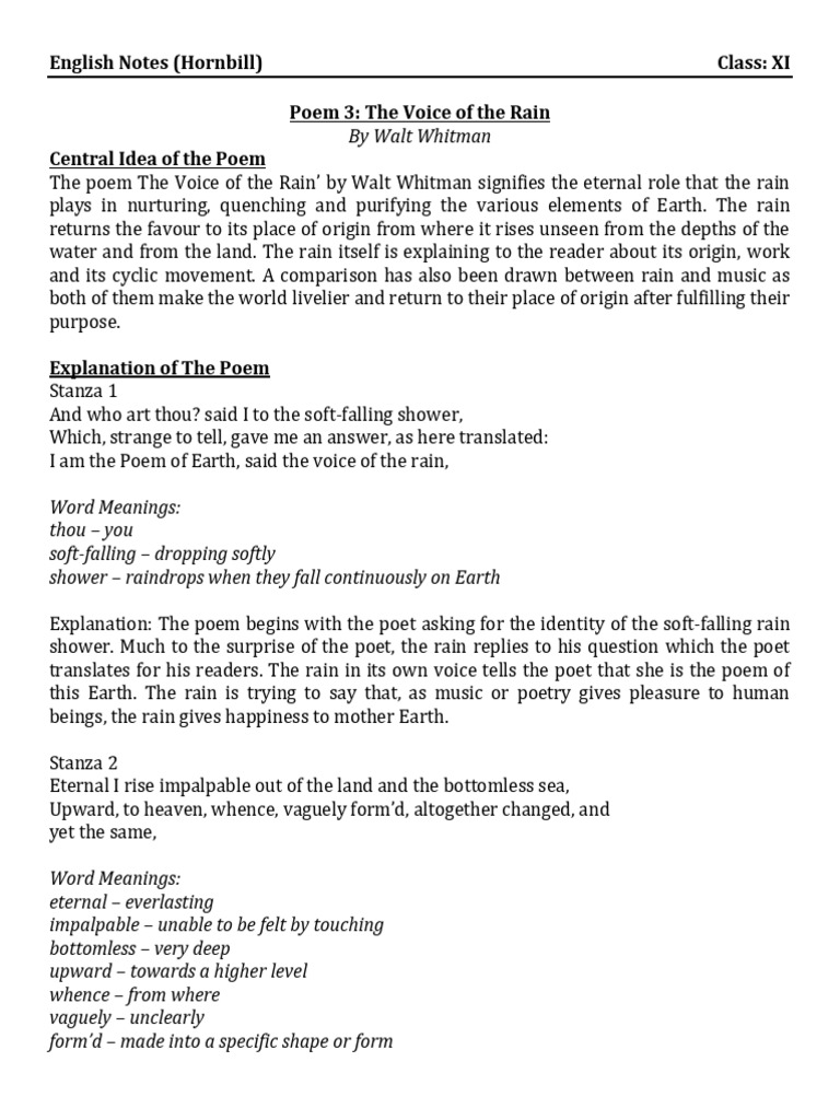 Notes Class XI Poem 3 The Voice of The Rain | PDF | Poetry | Rain Notes Class XI Poem 3 The Voice of The Rain | PDF | Poetry | Rain