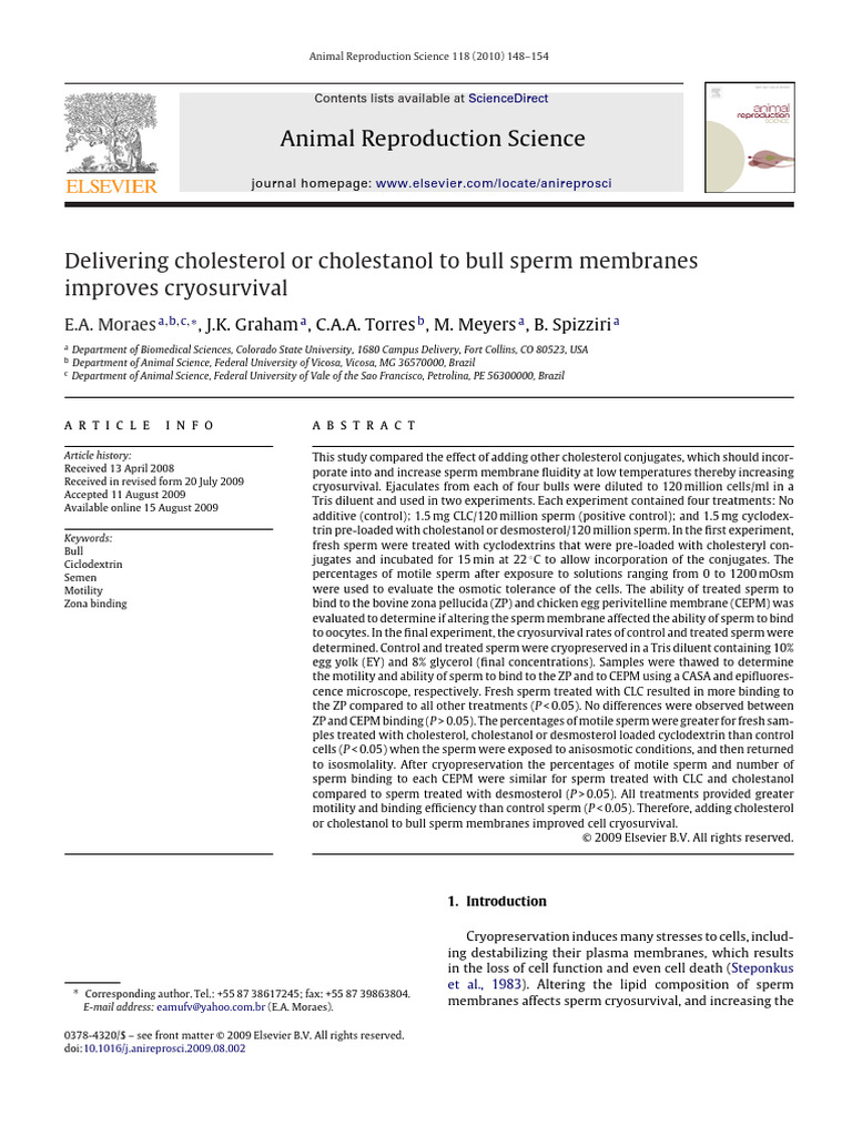 Delivering Cholesterol or Cholestanol To Bull Sperm Membranes | PDF ...
