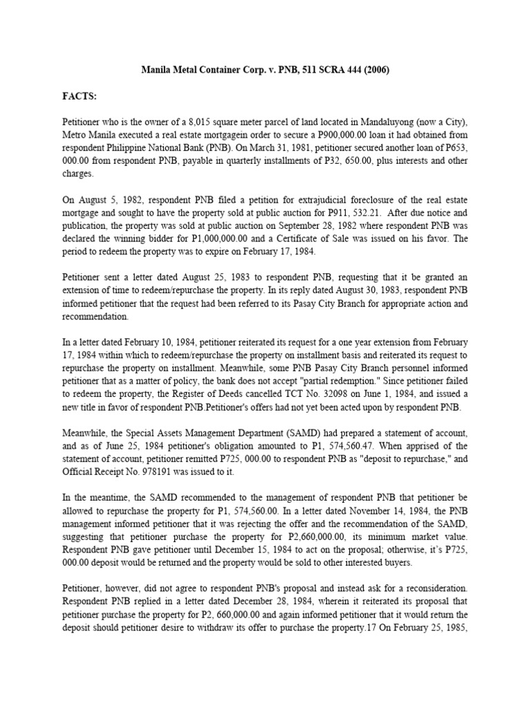 Manila Metal Container Corp. v. PNB, 511 SCRA 444 (2006) | PDF ...