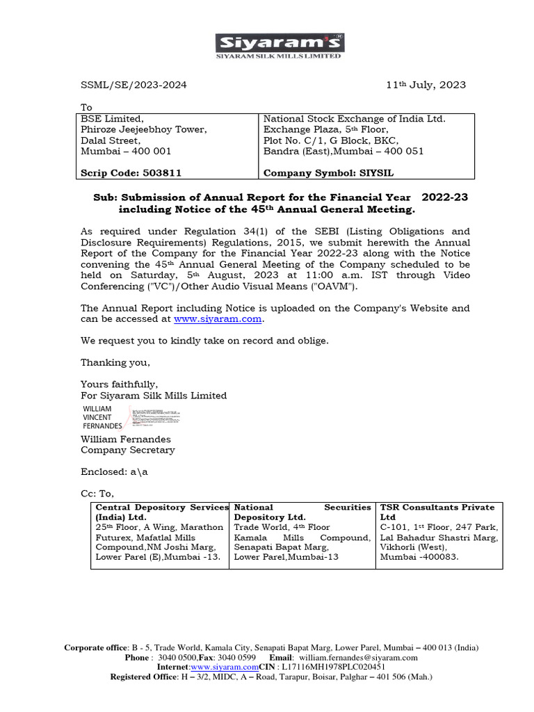 Sub: Submission of Annual Report For The Financial Year 2022-23 ...