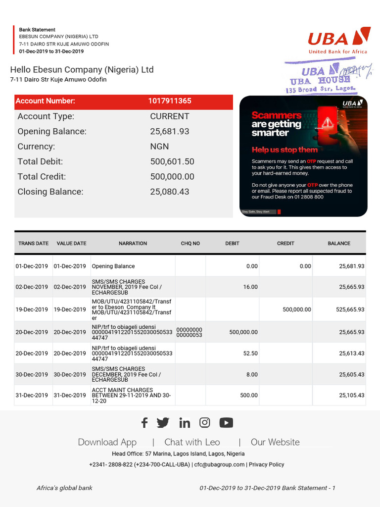 Bank Statement For Ebesun Company (Nigeria) LTD, UBA Group | PDF | Debits And Credits | Jargon
