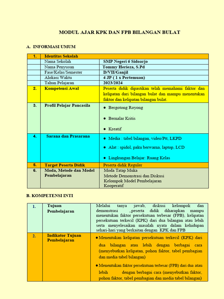MODUL BERDIFERENSIASI KPK FPB LENGKAP Yes | PDF