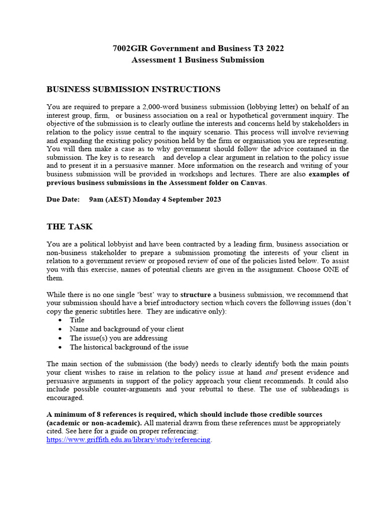 A1 Business Submission Topics List | PDF | Australia