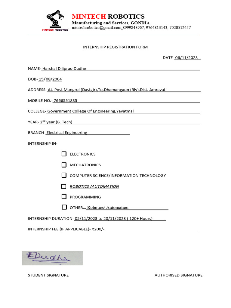 Mintech Robotics Internship Registration | PDF