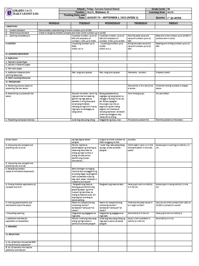 DLL - Math 3 - Q1 - W1 | PDF | Learning | Human Communication