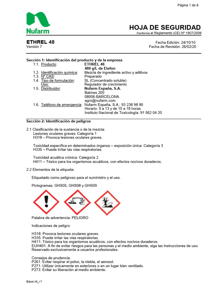 Hoja de Seguridad de Ethrel 48 | PDF | Química | Ciencias fisicas