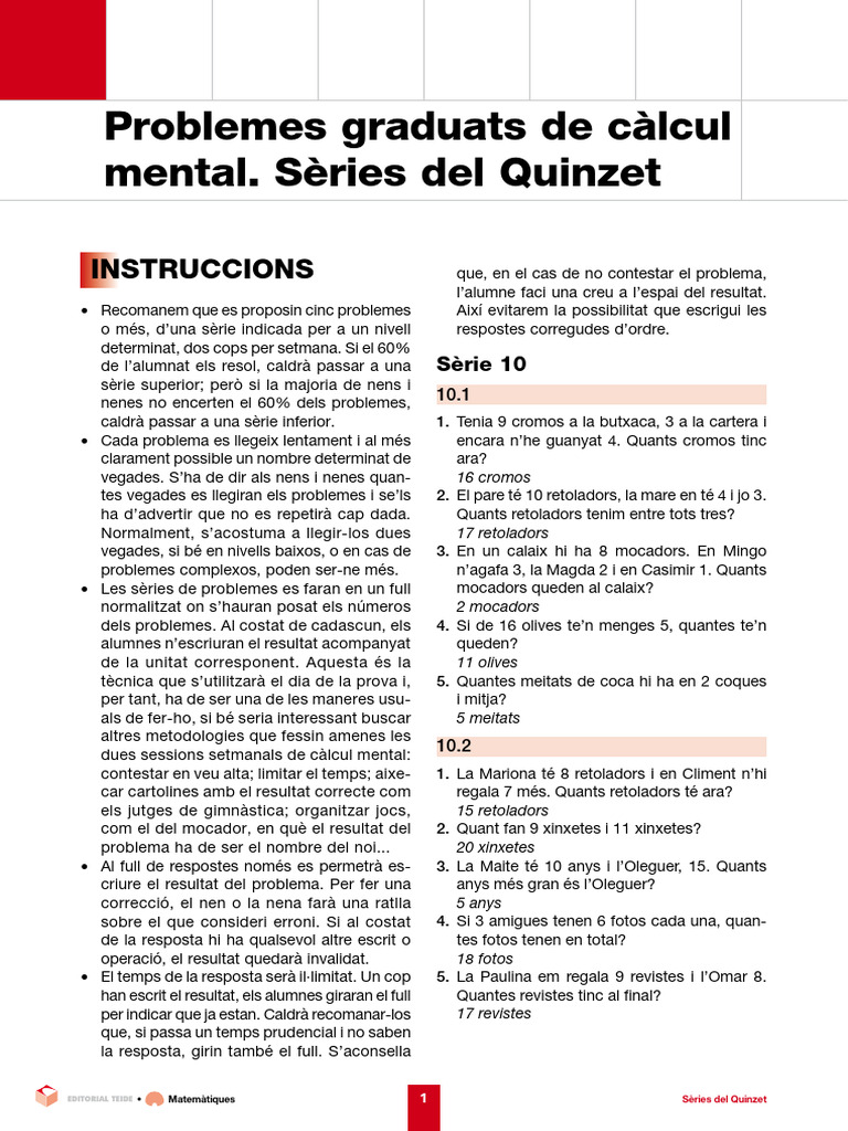 Recursos Matematiques 5 I 6 - 02 - Serie Del Quinzet - Calcul Mental. Teide | PDF