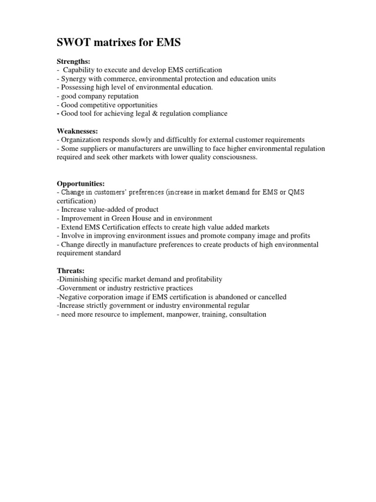 swot of ems | Environmental Resource Management | Environmental Impact ...
