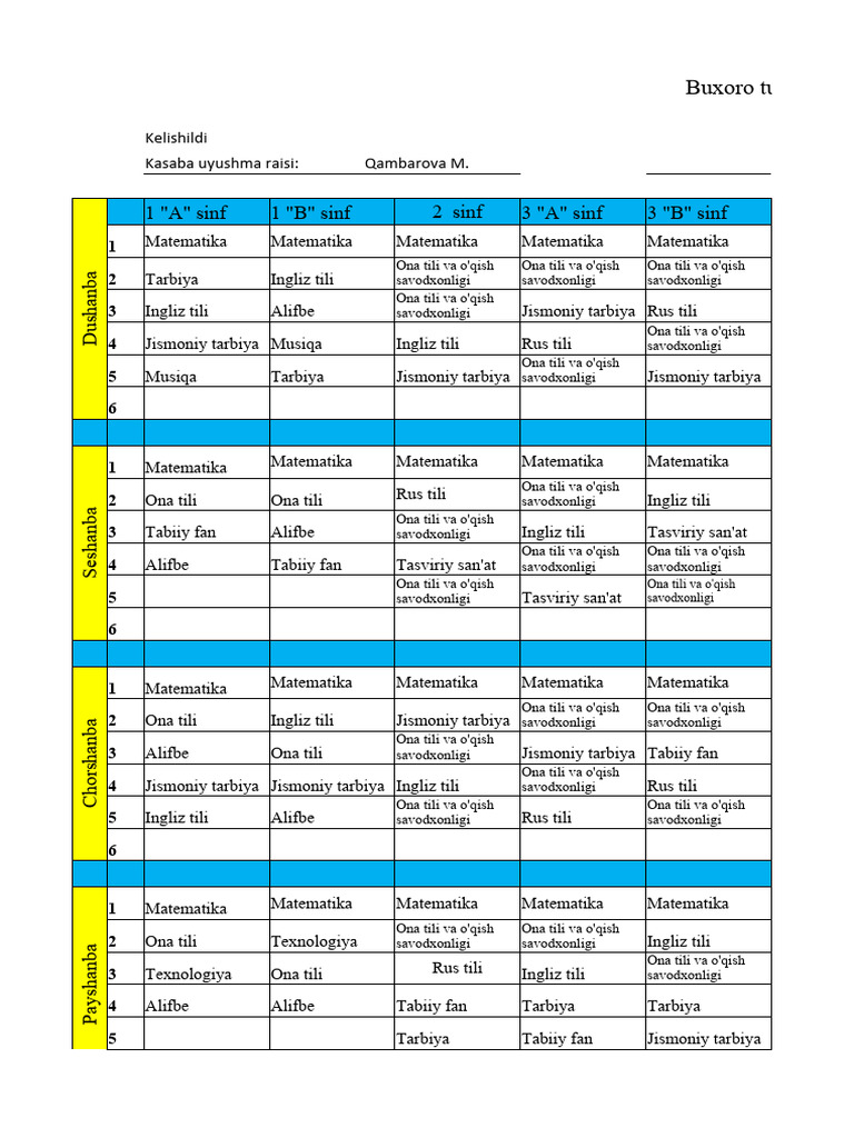 22 Maktab Dars Jadvali - 2022 - 2023 - I Yarimlik Yillik | PDF